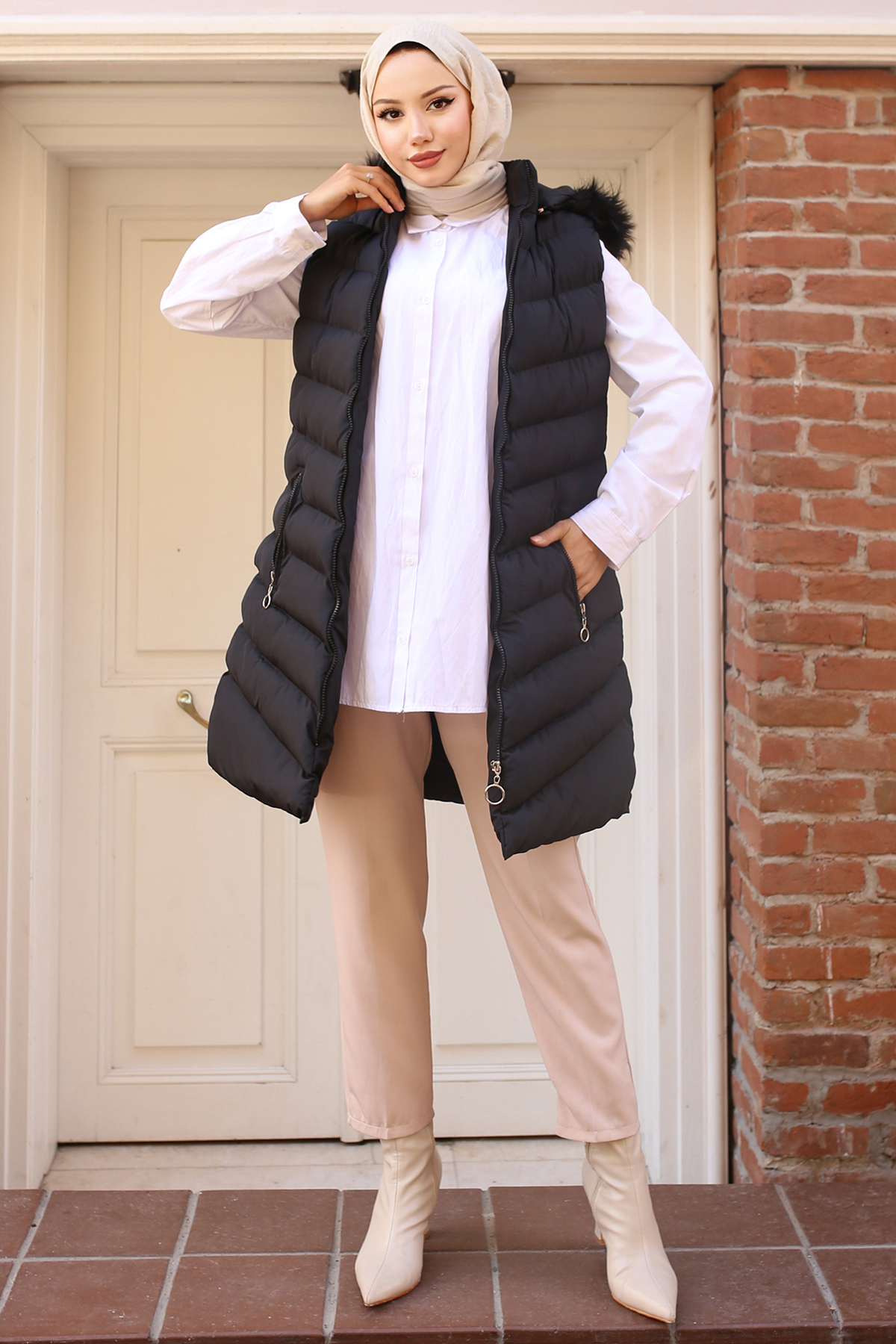 Inflatable Vest with Fur Hood-03024KBYLK01066
