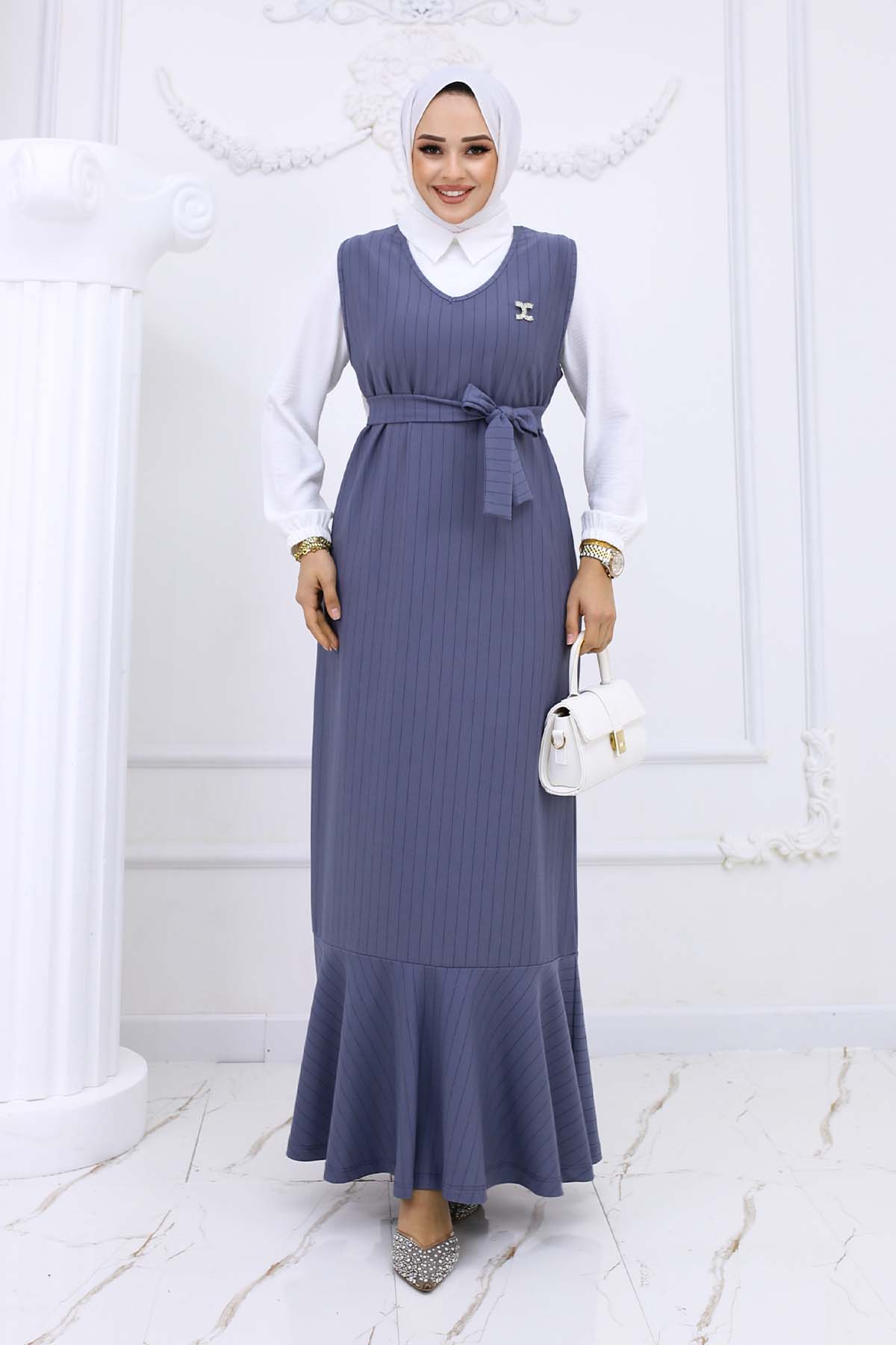 Stripe Detailed Brooch Dress-02324MBELB02028